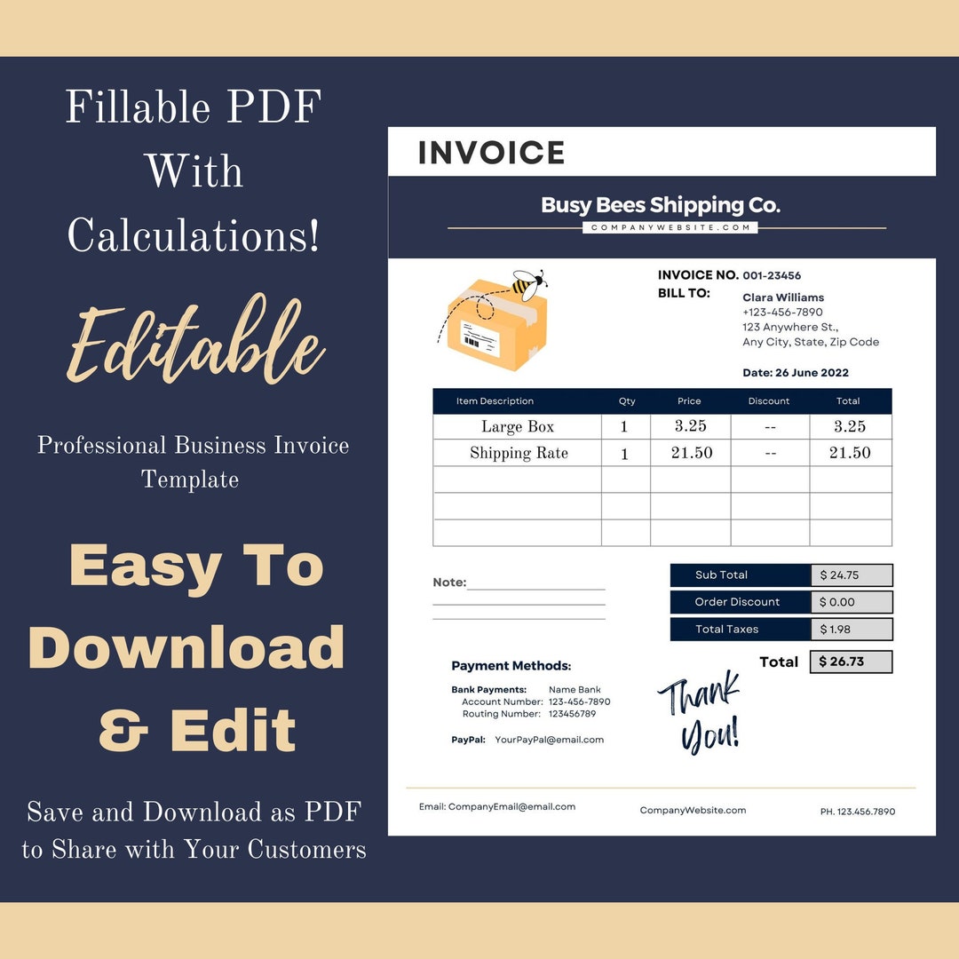 Fillable Invoice Form | Editable PDF | Automatically Calculates Totals ...
