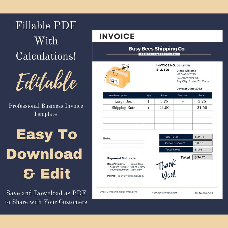 Fillable Invoice Form | Editable PDF | Automatically Calculates Totals ...