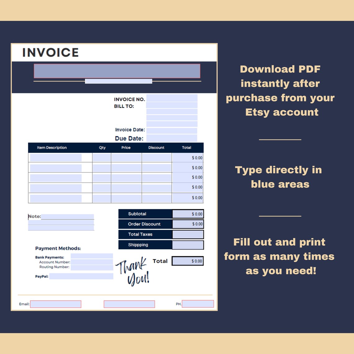 Fillable Invoice Form | Editable PDF | Automatically Calculates Totals ...