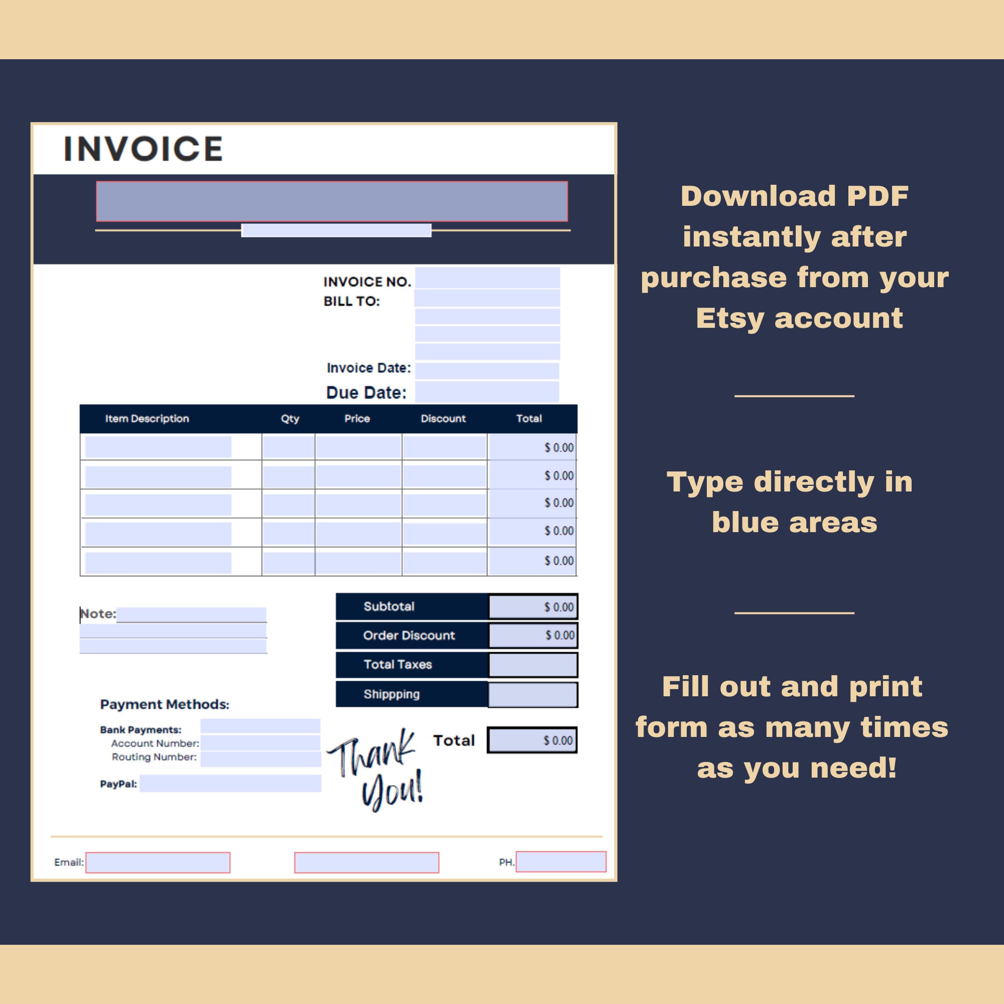 Fillable Invoice Form | Editable PDF | Automatically Calculates Totals ...