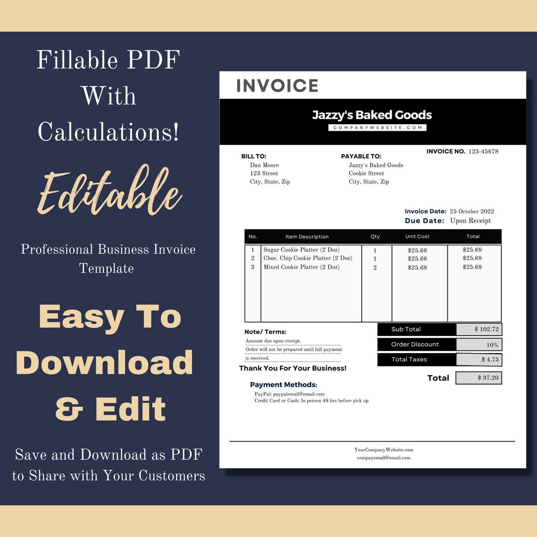 Fillable Invoice Form | Editable PDF | Automatically Calculates Totals ...