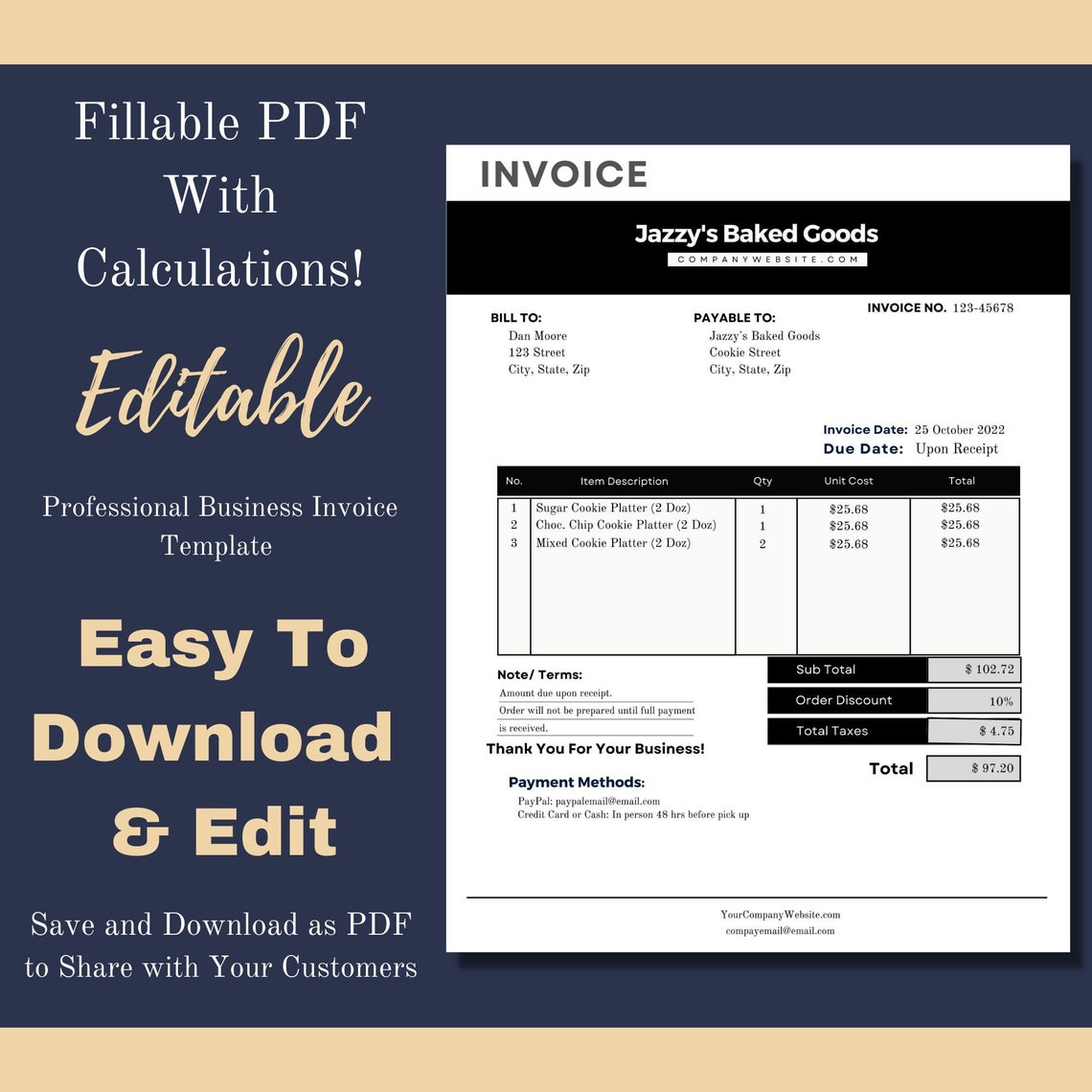 Fillable Invoice Form | Editable PDF | Automatically Calculates Totals ...
