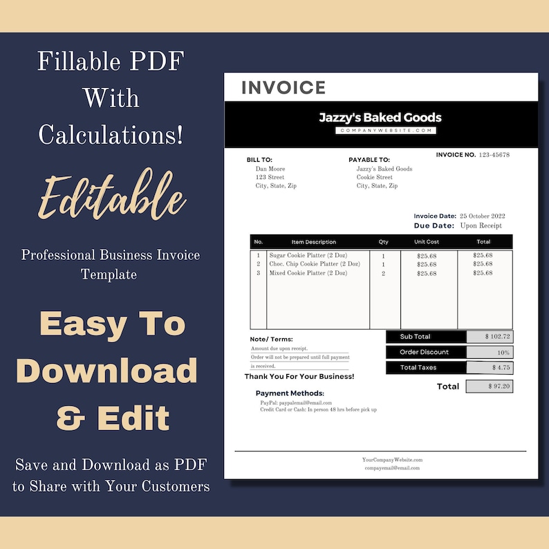 Fillable Invoice Form | Editable PDF | Automatically Calculates Totals ...