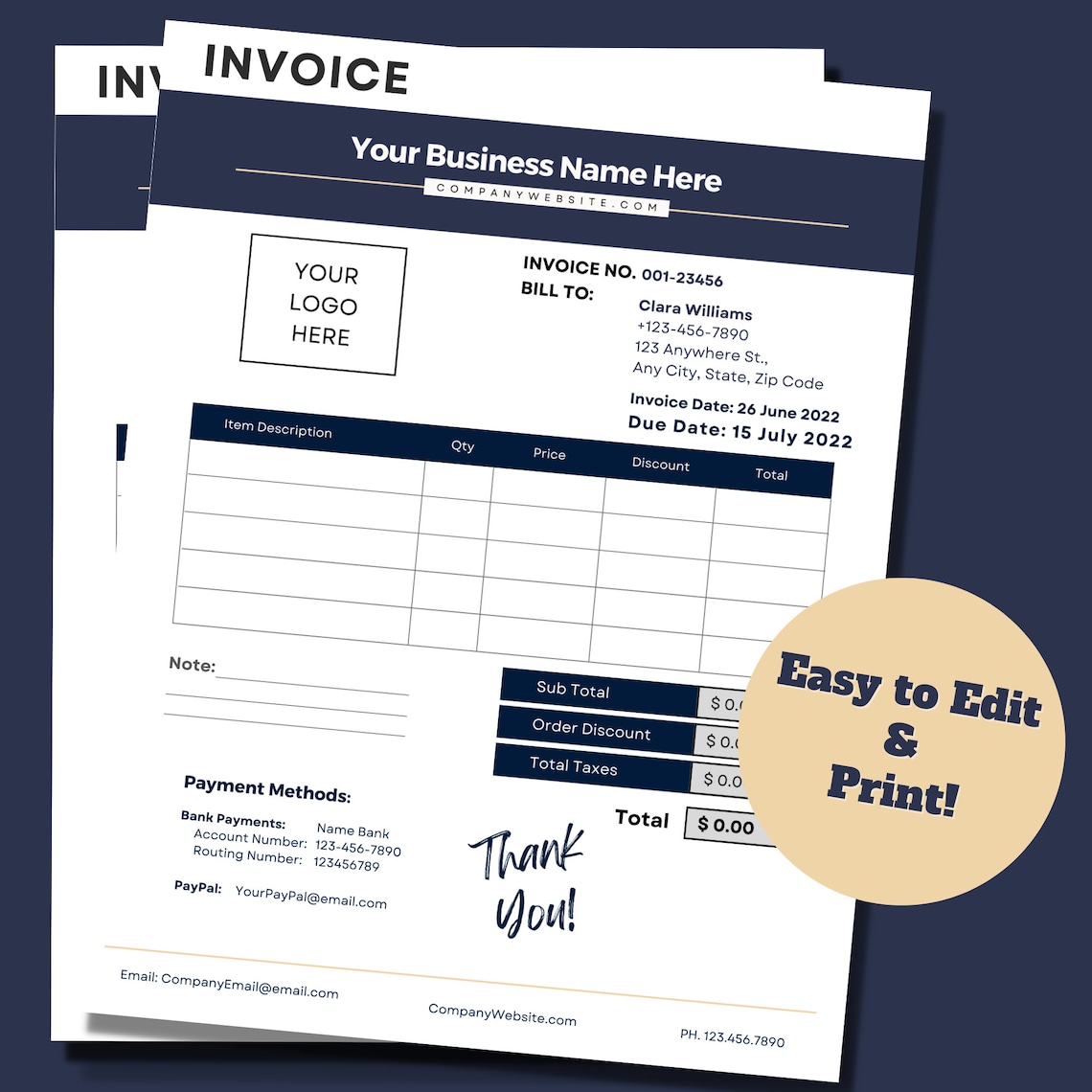 Fillable Invoice Form | Editable PDF | Automatically Calculates Totals ...