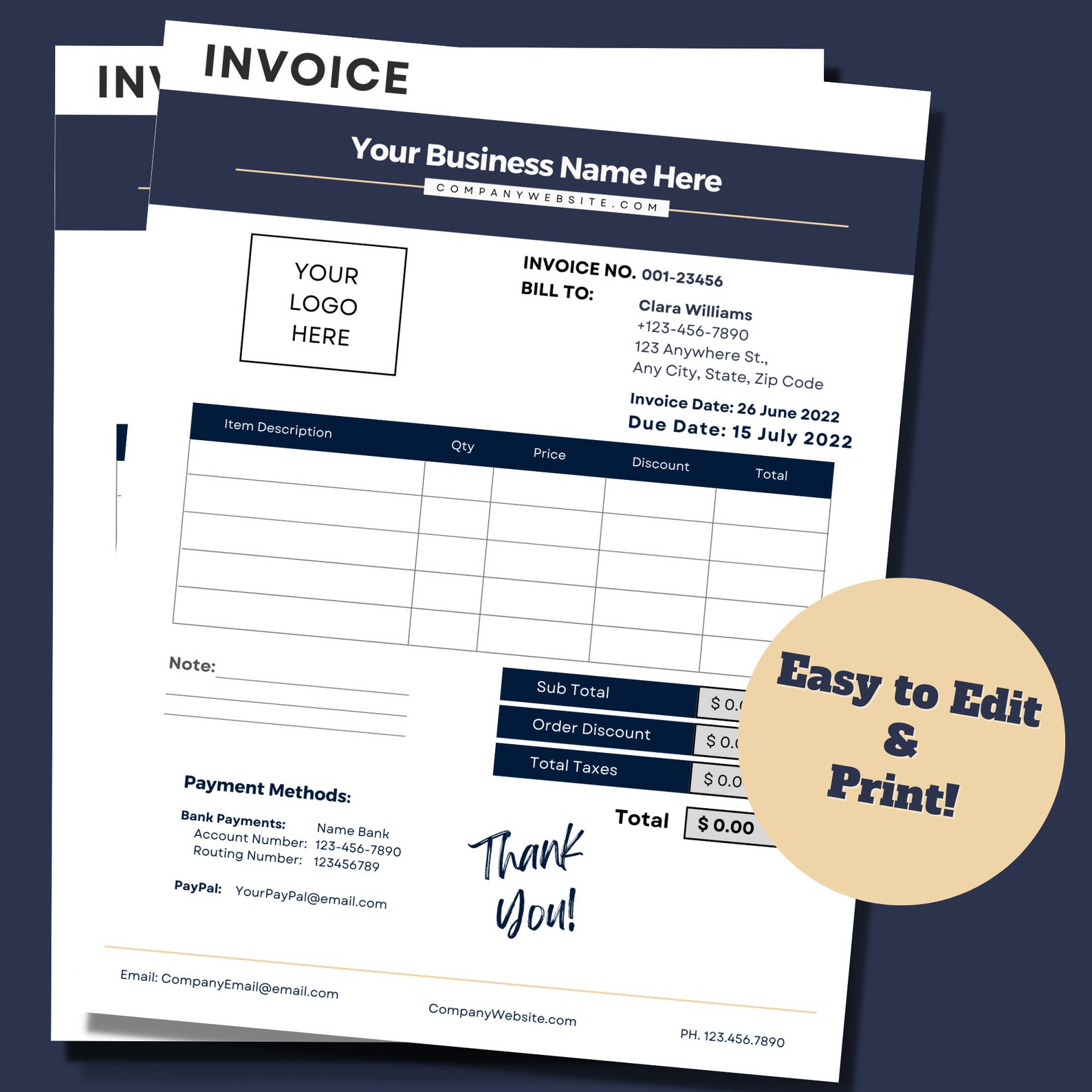 Fillable Invoice Form | Editable PDF | Automatically Calculates Totals ...