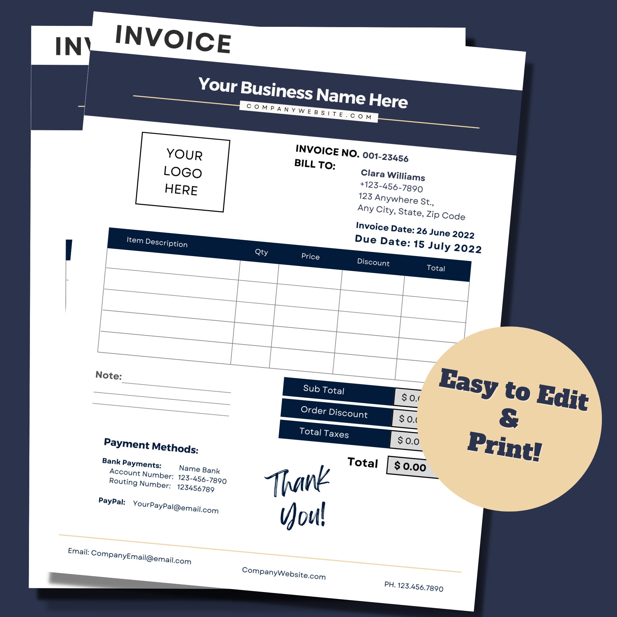 Fillable Invoice Form | Editable PDF | Automatically Calculates Totals ...