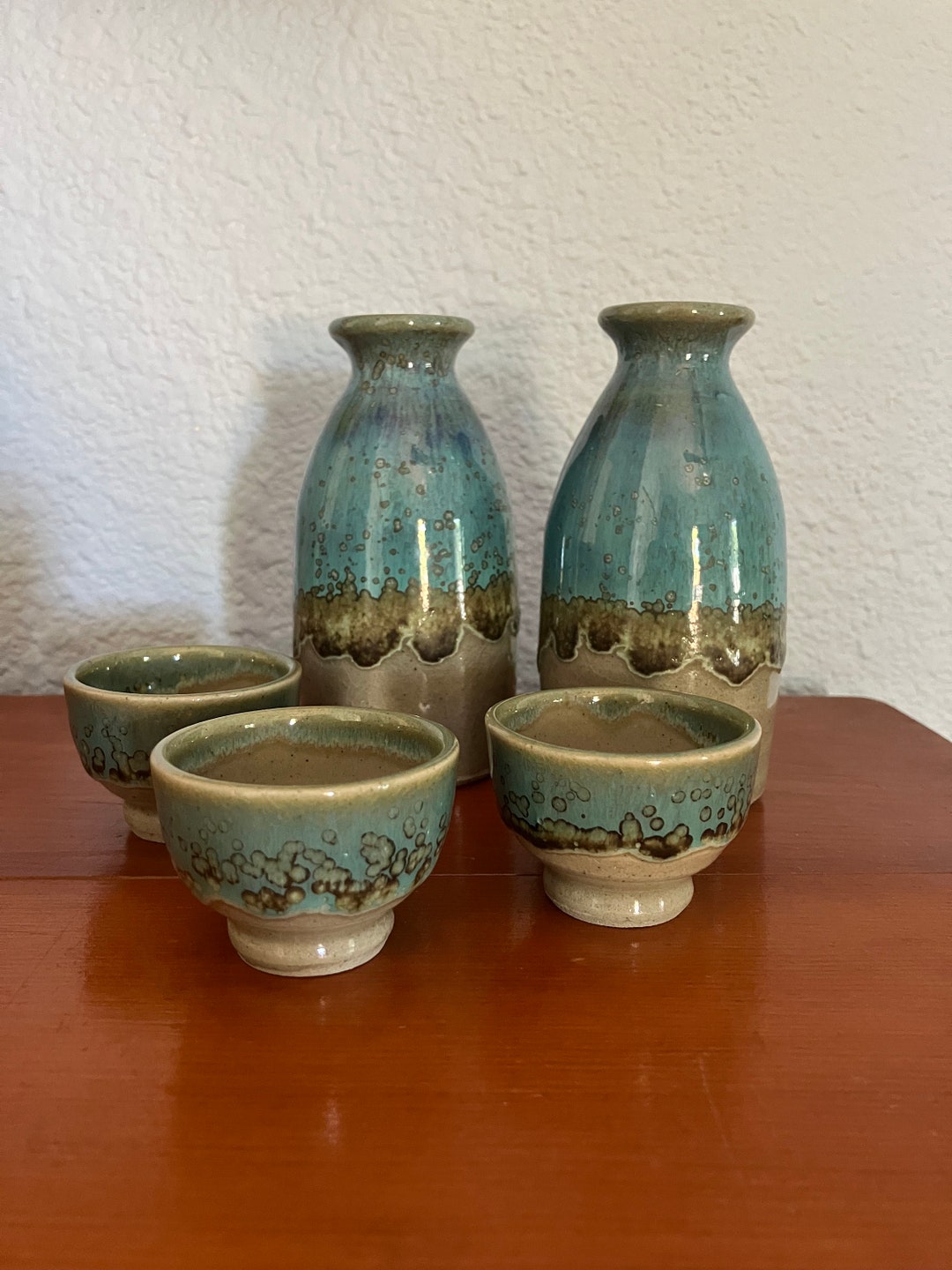 Vintage Hand-made Japanese Blue Drip Glazed Ceramic Sake Set, 5 Piece ...