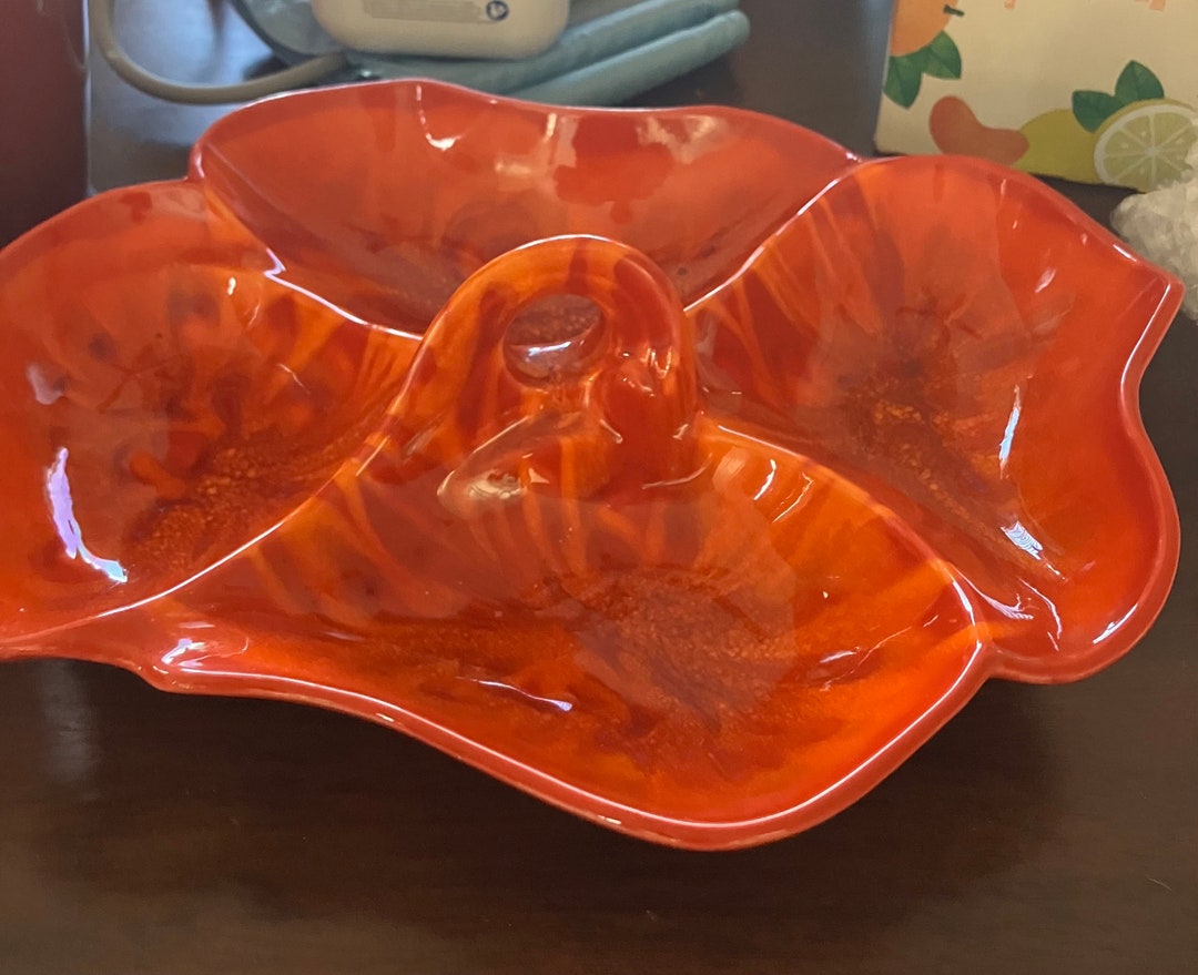 Mid-century Orange California Pottery Ceramic Divided Relish Snack Dish ...
