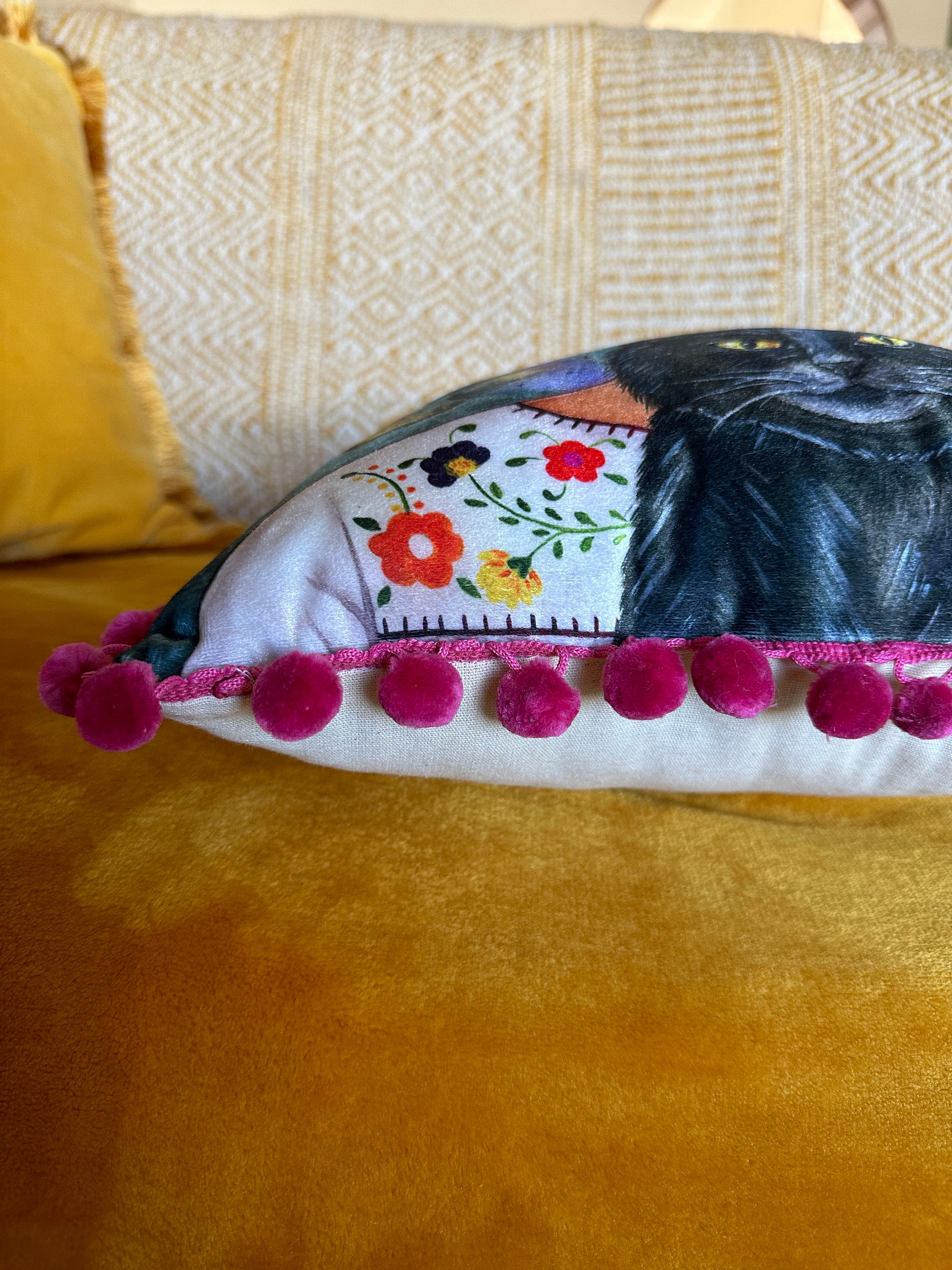 Frida Kahlo and Cat Throw Pillow With Pink Fringe Pom Pom Trim, Square ...