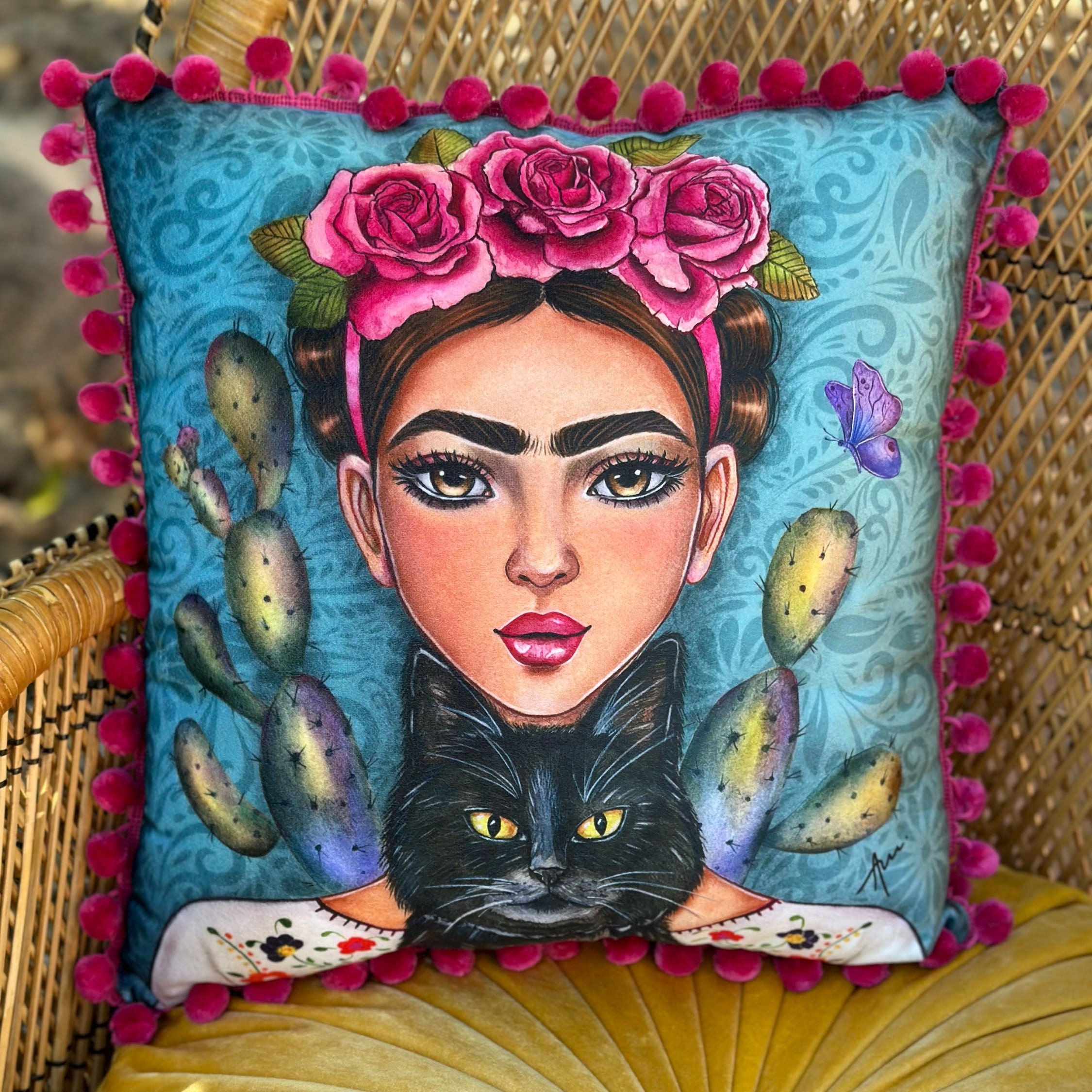 Frida Kahlo and Cat Throw Pillow With Pink Fringe Pom Pom Trim, Square ...