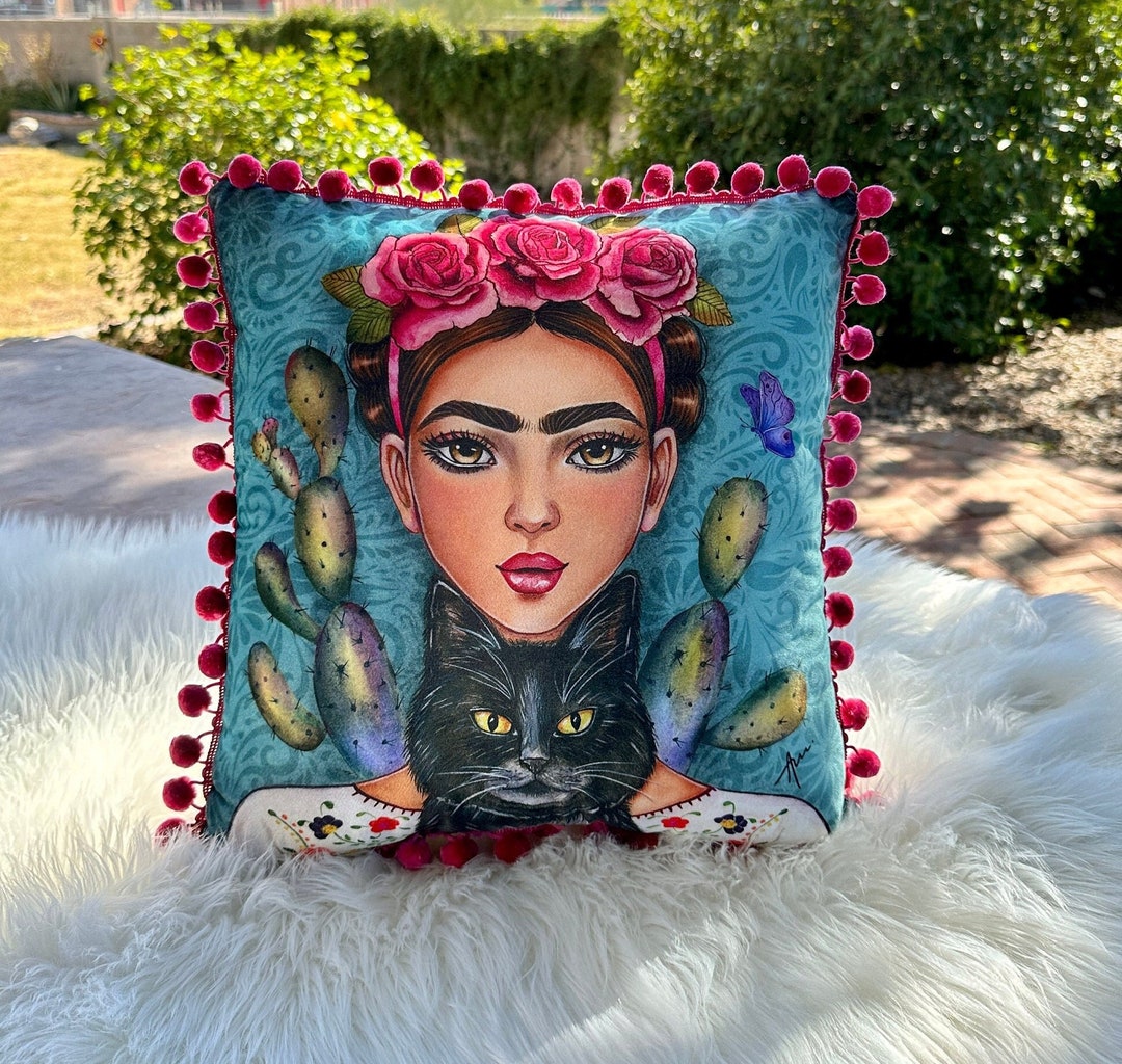 Frida Kahlo and Cat Throw Pillow With Pink Fringe Pom Pom Trim, Square ...