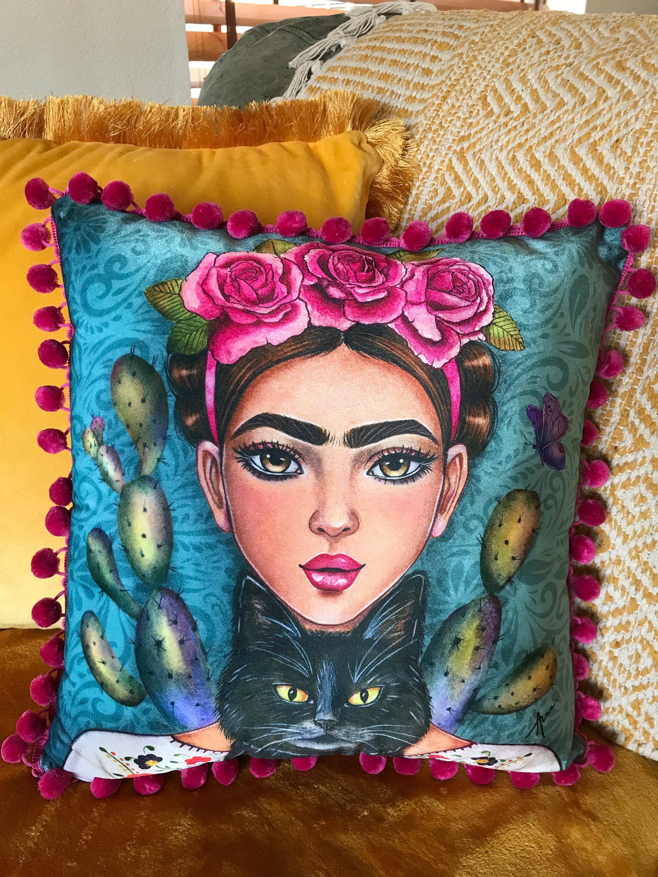 Frida Kahlo and Cat Throw Pillow With Pink Fringe Pom Pom Trim, Square ...