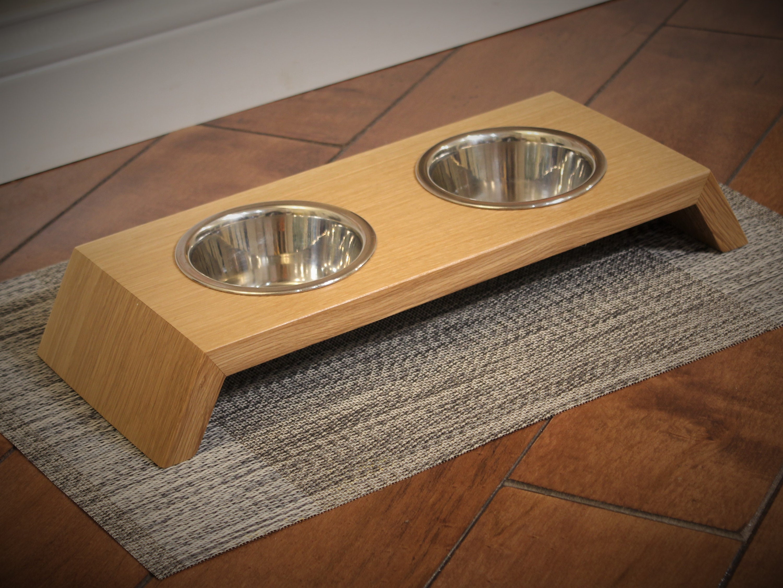Modern Hardwood Cat Food Stand With Raised Stainless Steel Dishes ...