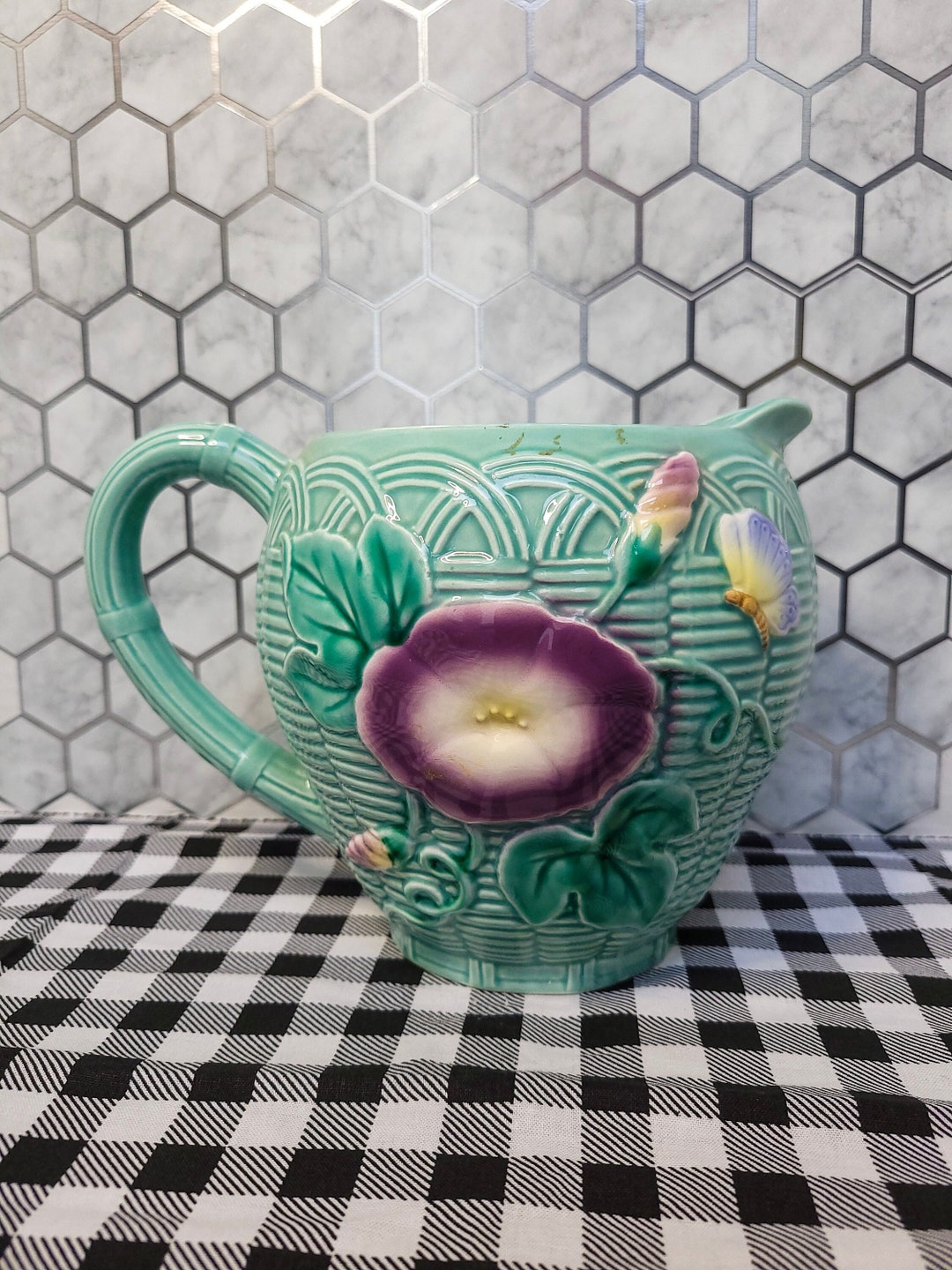 Green Water Pitcher Embossed Majolica Pottery - Etsy