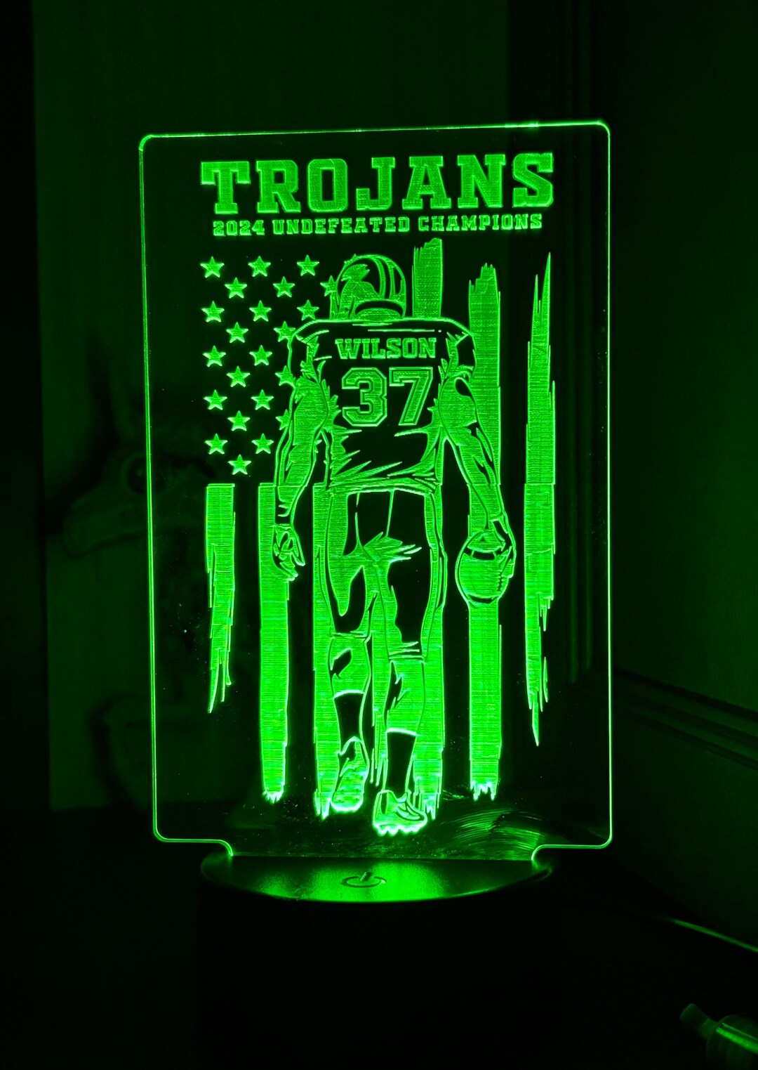 Football Player and American Flag Acrylic Engraved Sign With LED Base ...