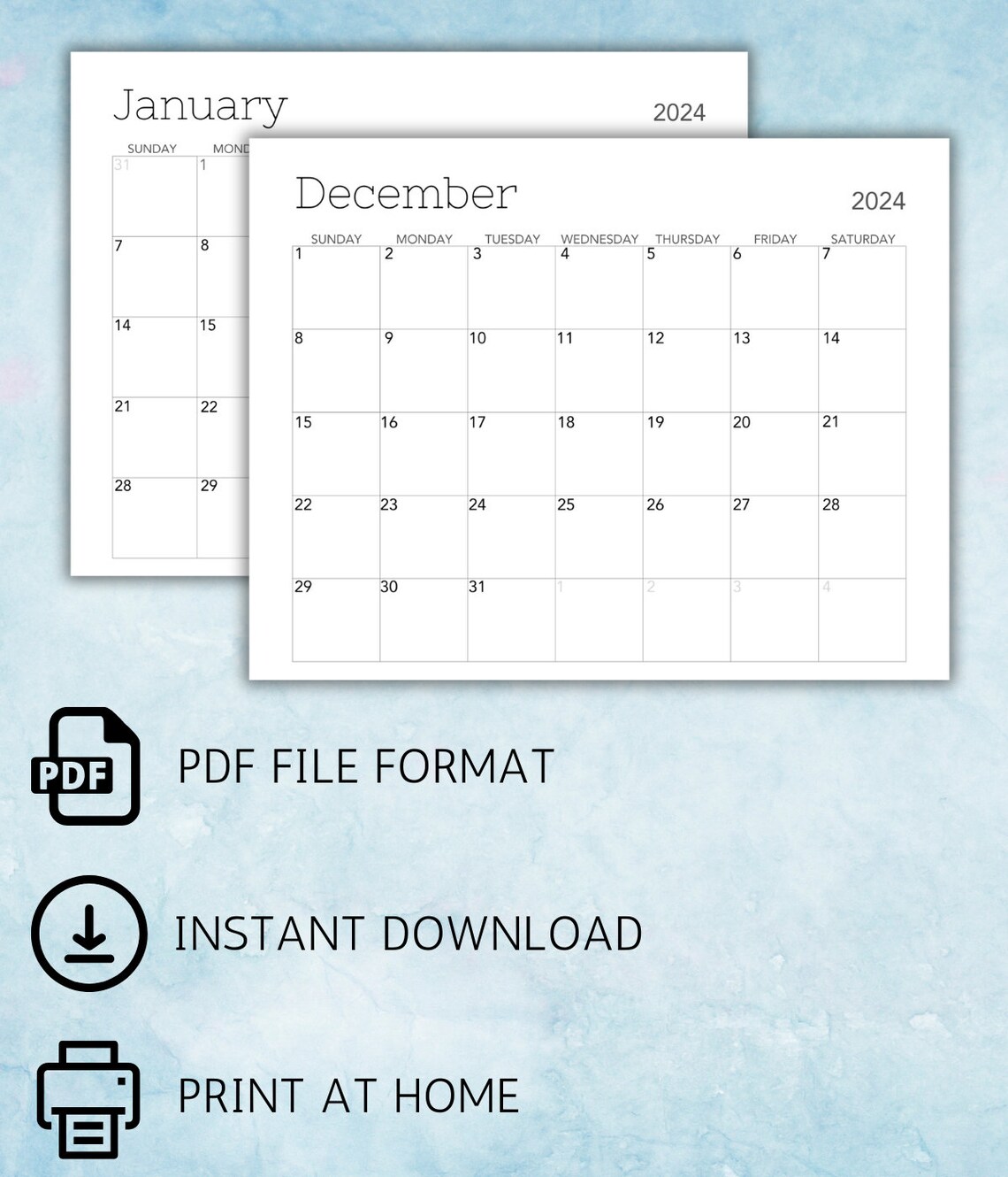 2024 CALENDAR PRINTABLE / Simple Calendar for 2024 / Basic Monthly ...