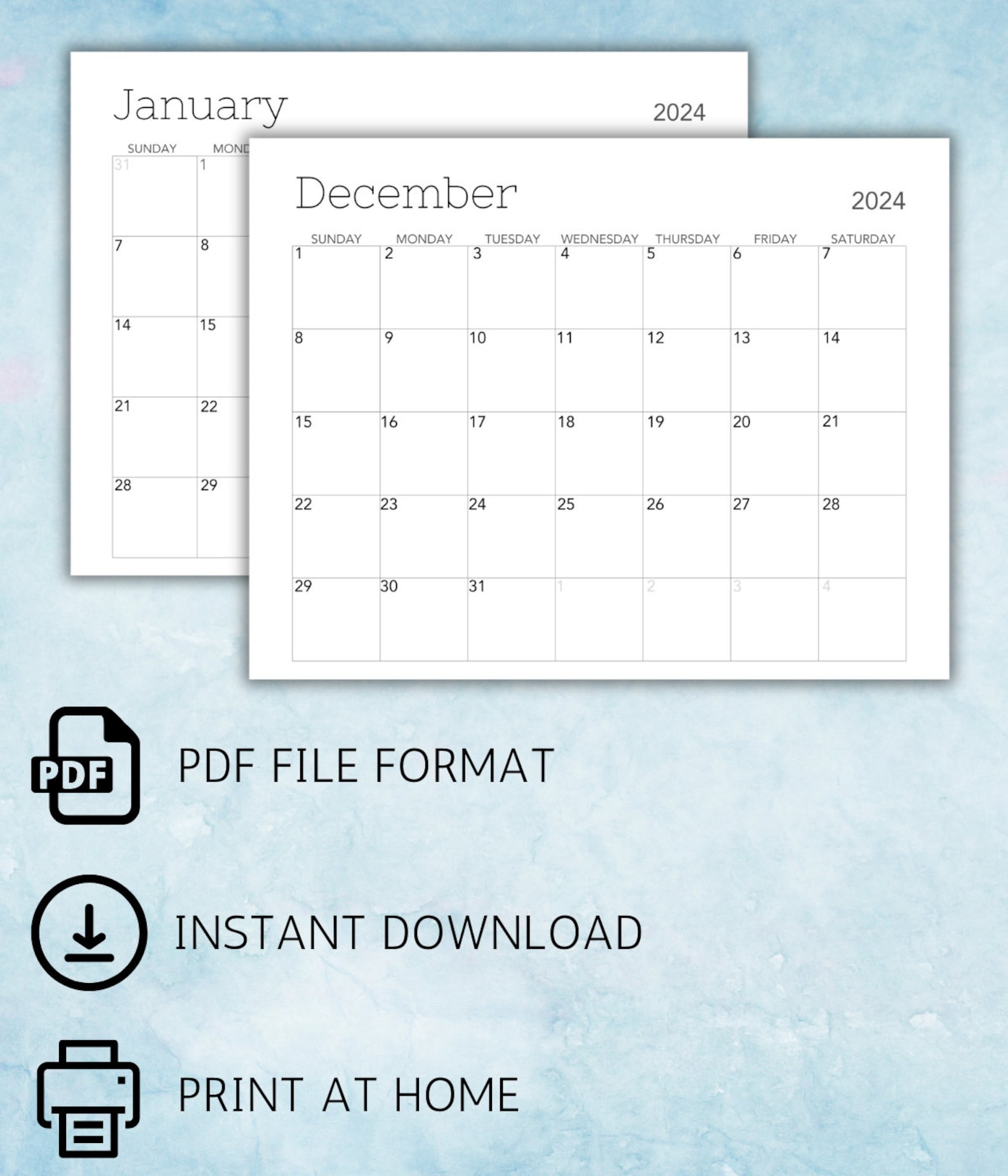 2024 CALENDAR PRINTABLE / Simple Calendar for 2024 / Basic Monthly ...