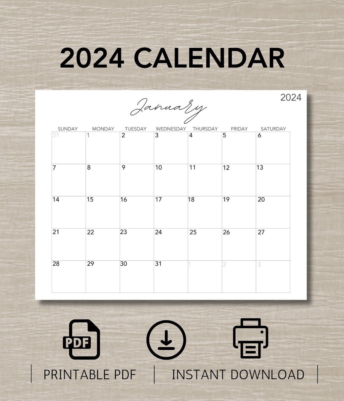 2024 CALENDAR PRINTABLE / Printable Monthly Calendar for 2024 / Simple ...