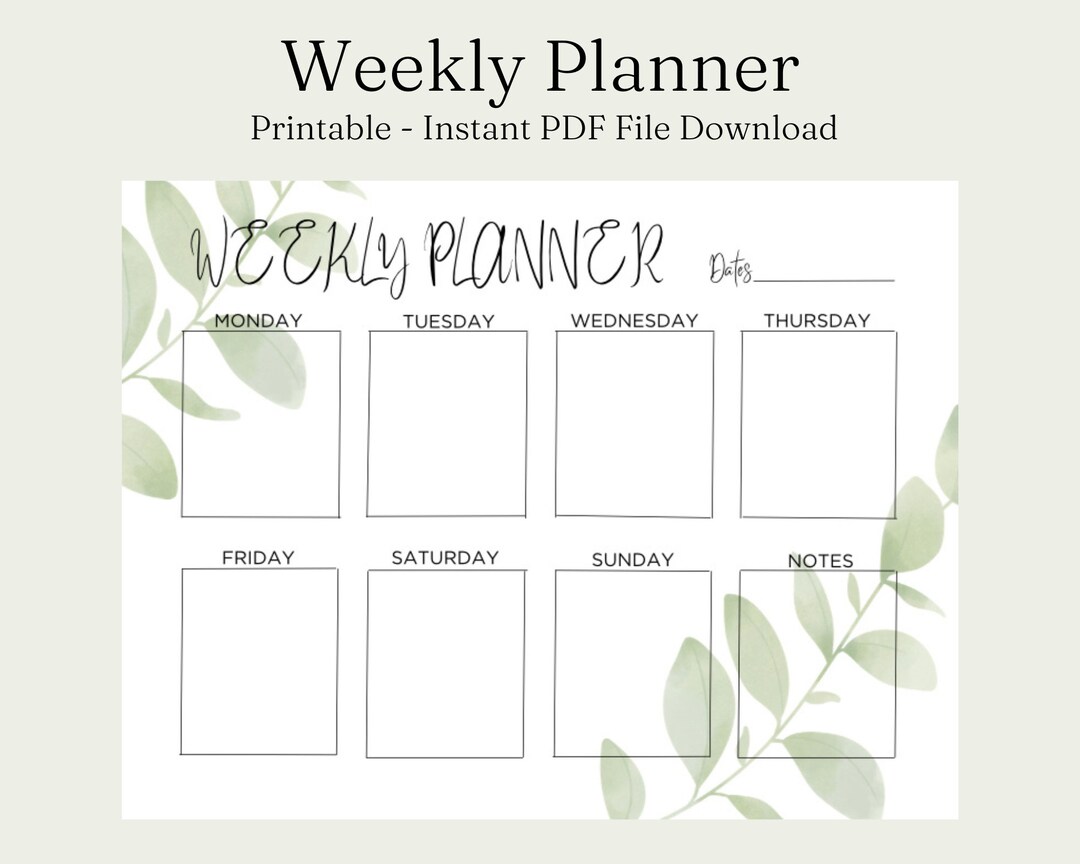 PRINTABLE WEEKLY PLANNER - Weekly Planner With Leaves - Green Weekly ...