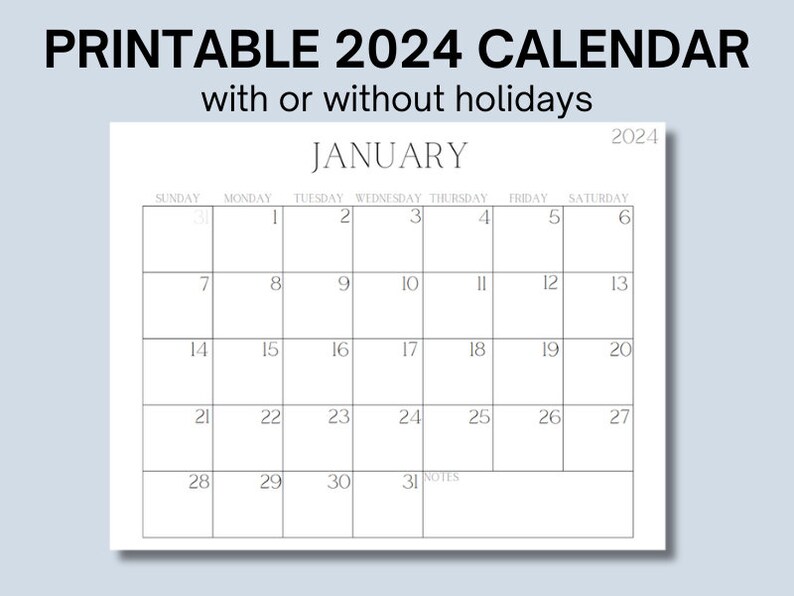 PRINTABLE 2024 CALENDAR With or Without Holidays Printable - Etsy