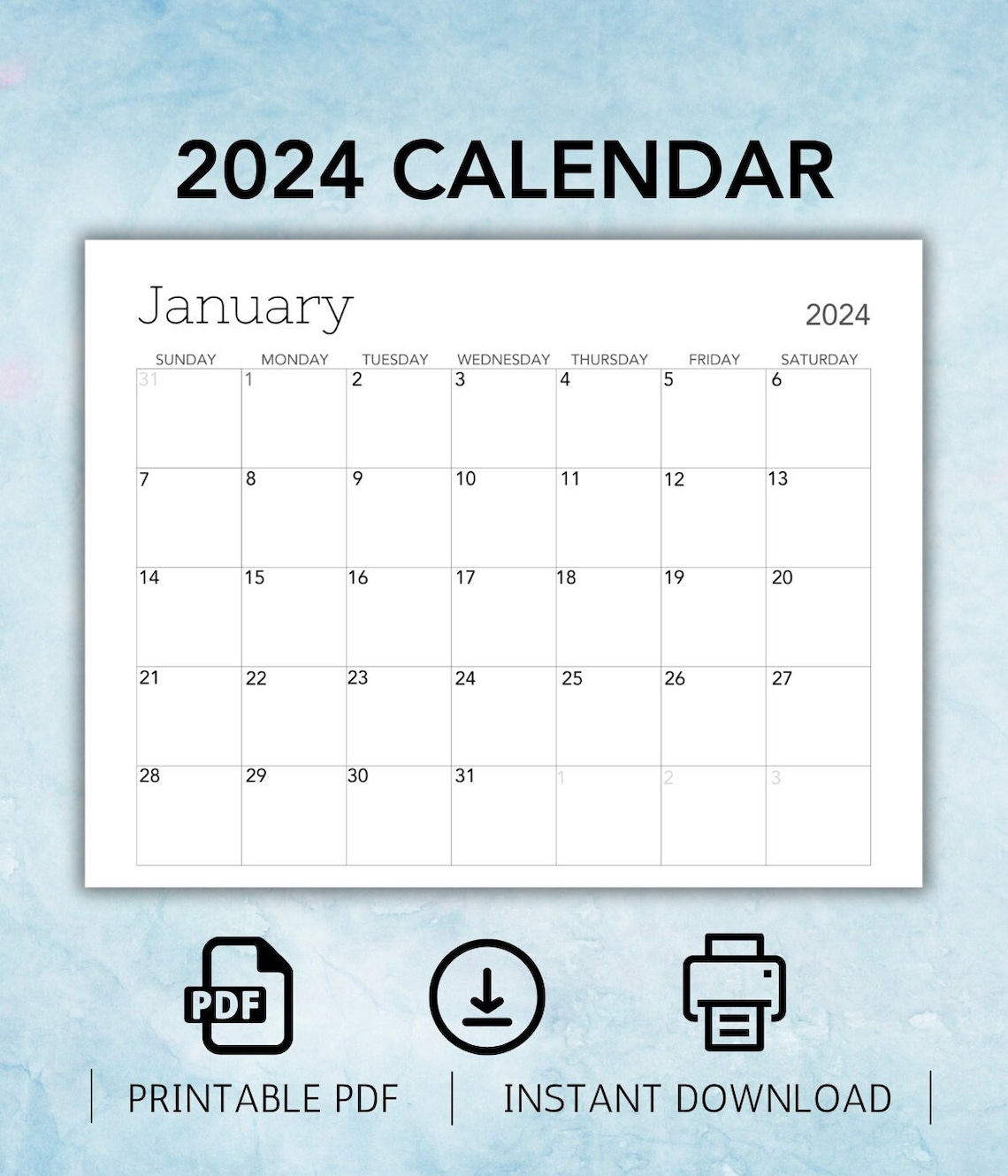 2024 CALENDAR PRINTABLE / Simple Calendar for 2024 / Basic Monthly ...