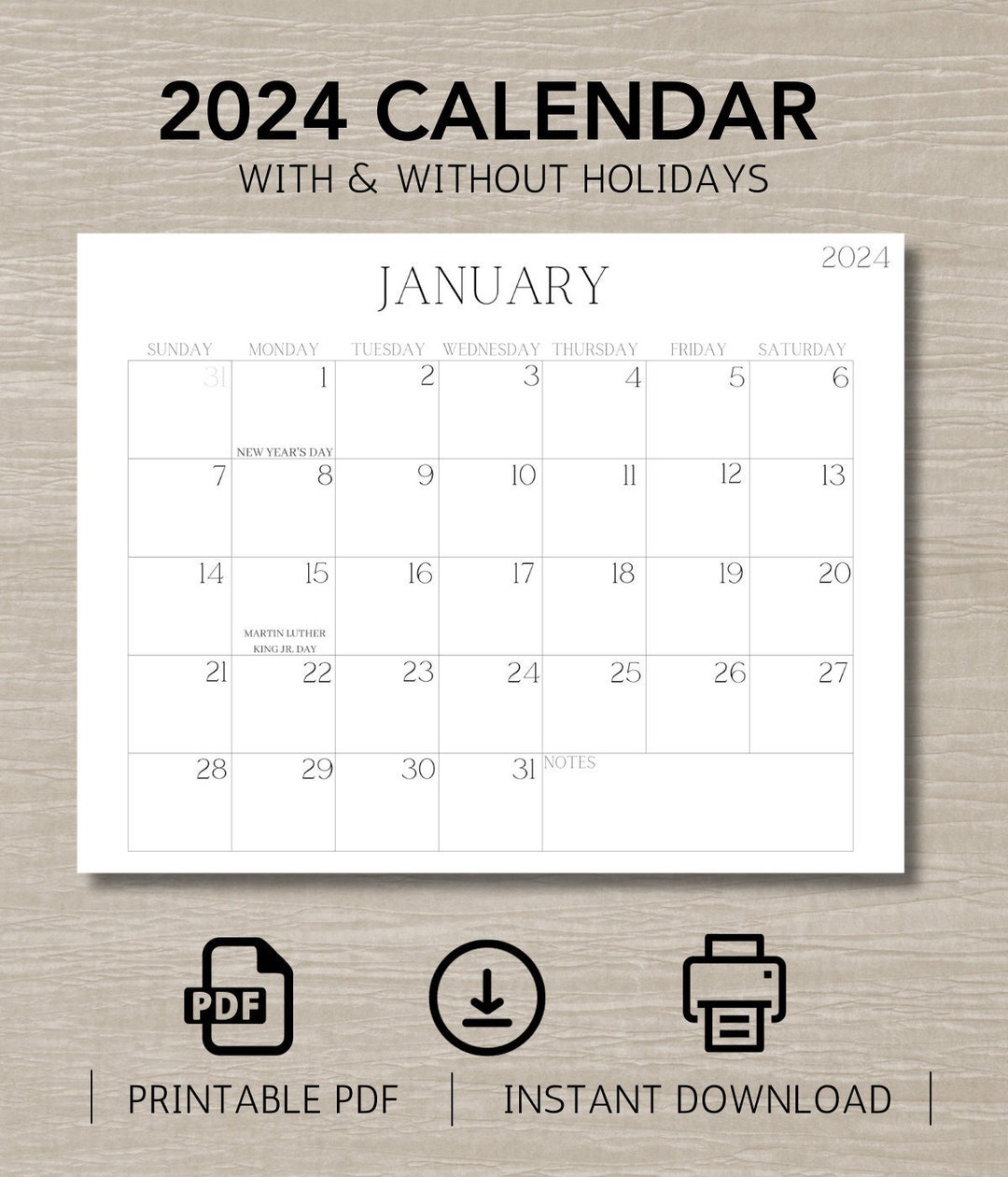 PRINTABLE 2024 CALENDAR With or Without Holidays Printable Calendar ...