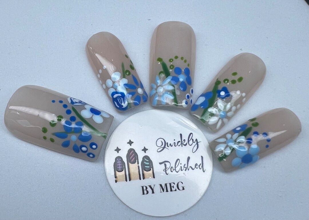 Spring Flower French-tip Nails Blue Flowers Flowers - Etsy