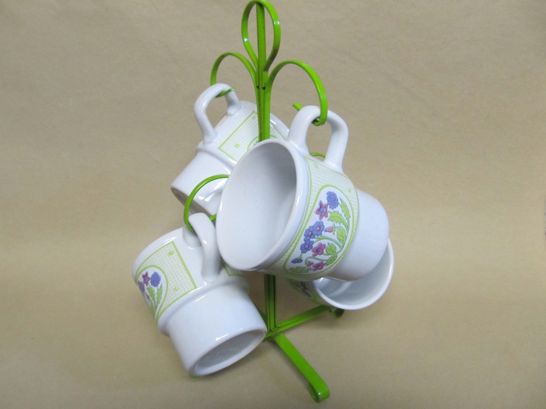 Vintage Lime Green Metal Mug Tree Stand With Four Floral Pattern ...