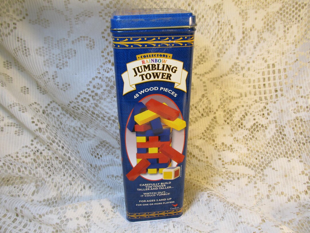 Collectors' Rainbow Jumbling Tower Game in Metal Tin 48 Wooden Blocks ...
