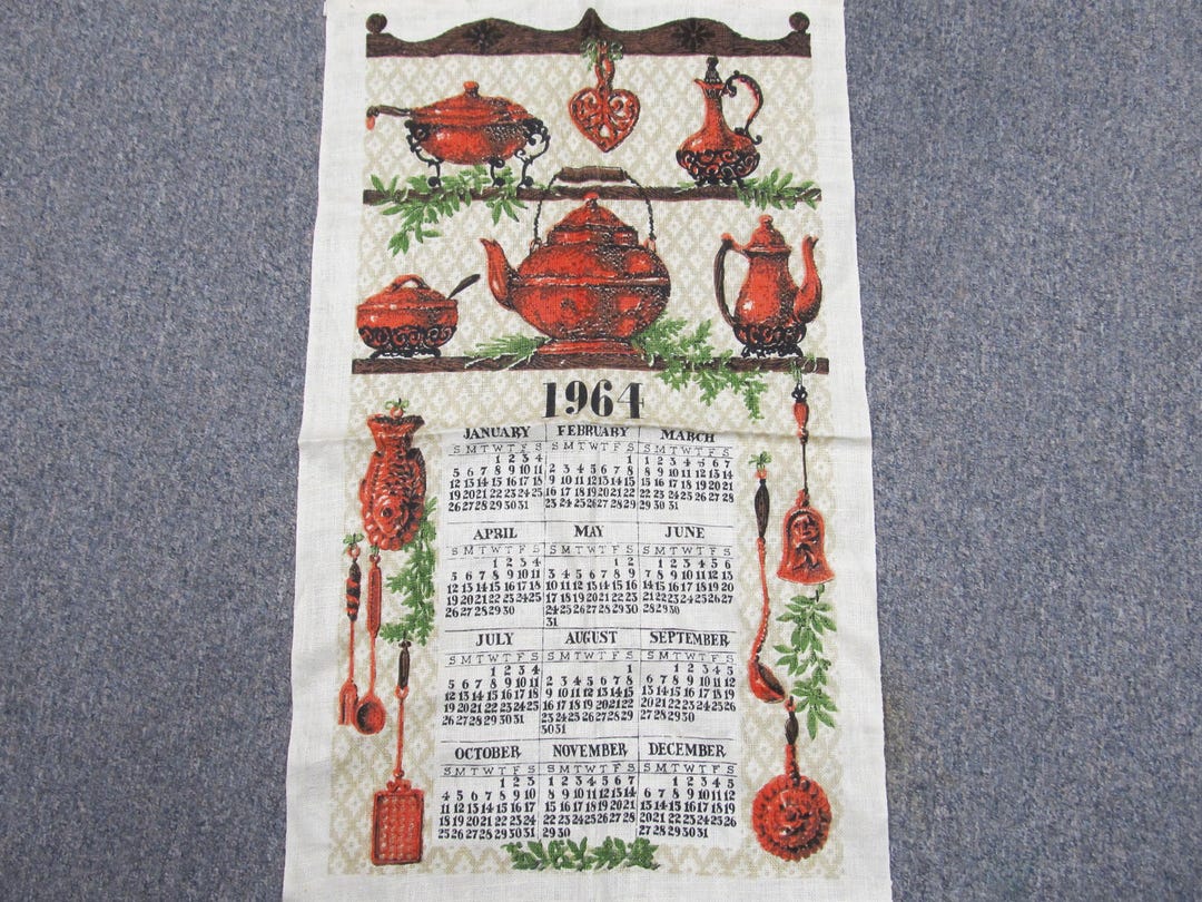 Vintage 1964 Linen Cloth Calendar Mid-century Kitchen Graphics / Pots ...