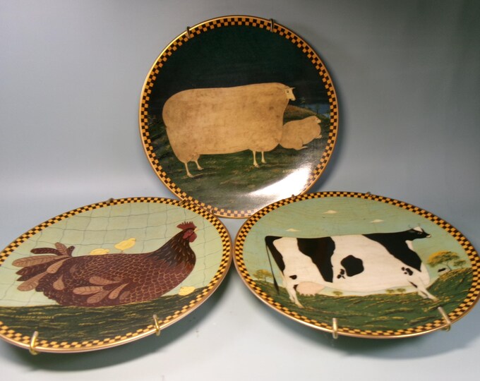 1994 Lenox Warren Kimble Barnyard Plates Holstein Cow, Sheep, Brown Hen ...