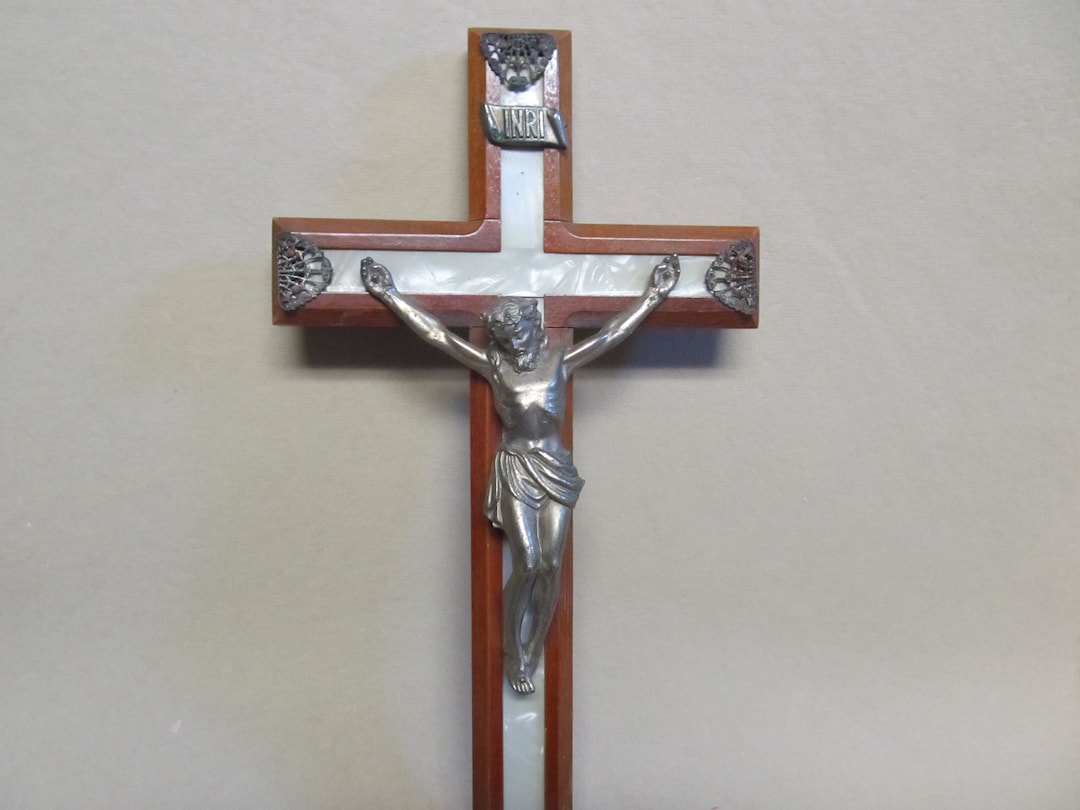 Vintage 12-inch Wooden Crucifix With Pearl Inlay and Bronze Corpus ...
