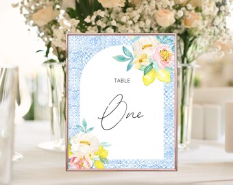 Blue Tiles Lemon Table Number Template, Italy Wedding Table Number Sign ...