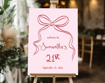 21st Welcome Sign Red and Pink Birthday Sign Girl, Editable Pink Bow ...