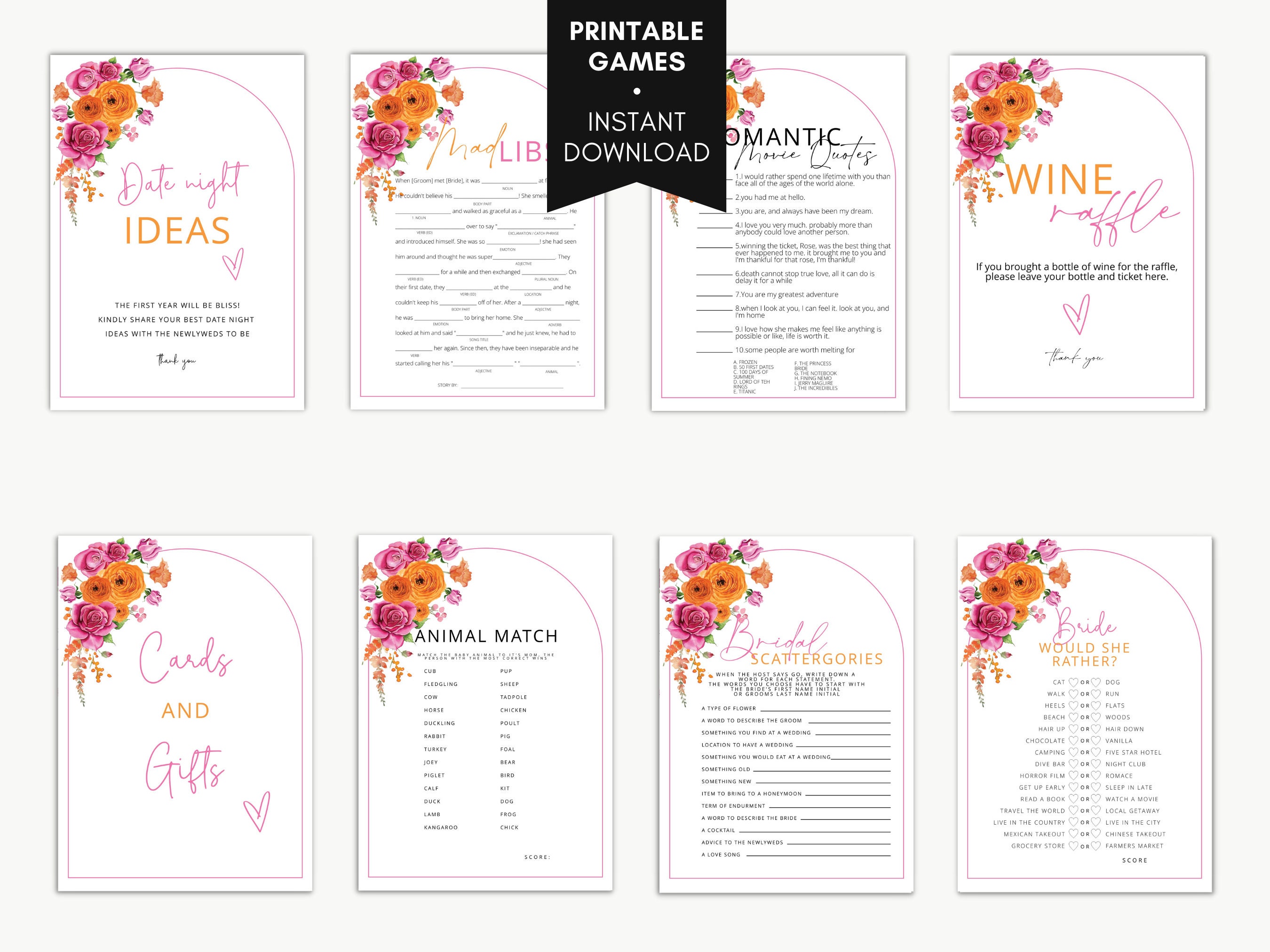 Pink Floral Bridal Shower Games, Orange Pink Floral Bridal Games ...