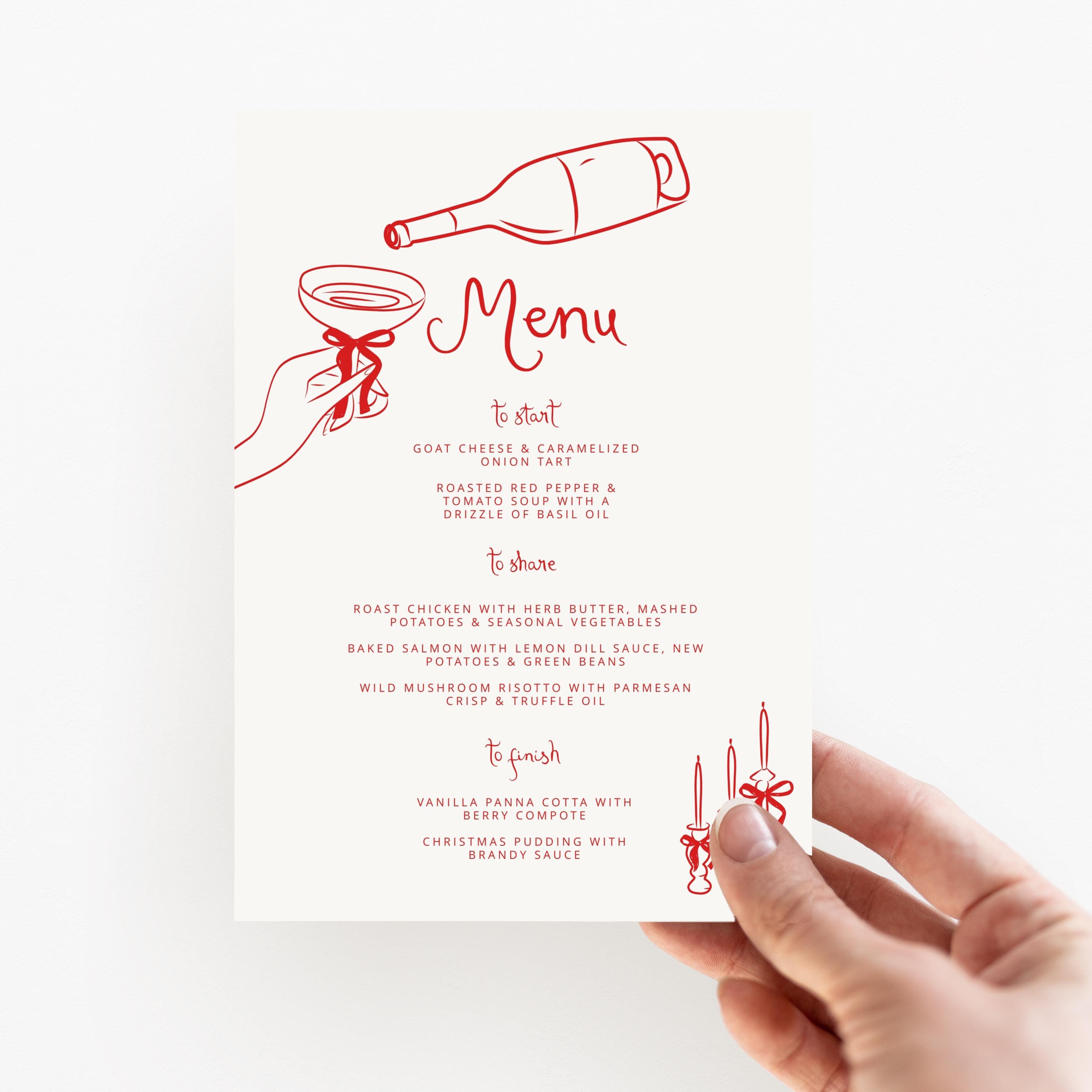 Red Menu Template Printable, Hand Drawn Line Art Christmas Food Menu ...