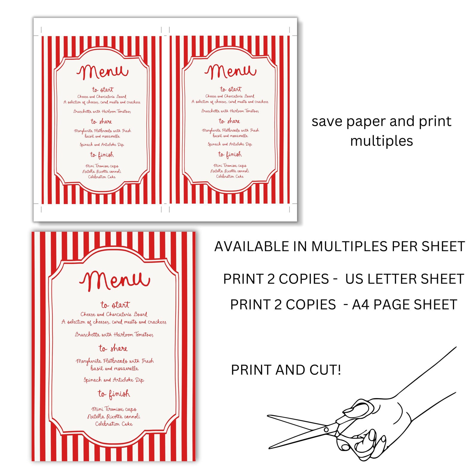 Red Italian Inspired Menu Template Printable, Hand Drawn Line Art Vino ...