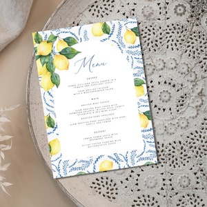 Lemon Wedding Menu Cards, Lemon Floral Menu Template, Bridal Shower ...