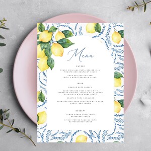 Lemon Wedding Menu Cards, Lemon Floral Menu Template, Bridal Shower ...