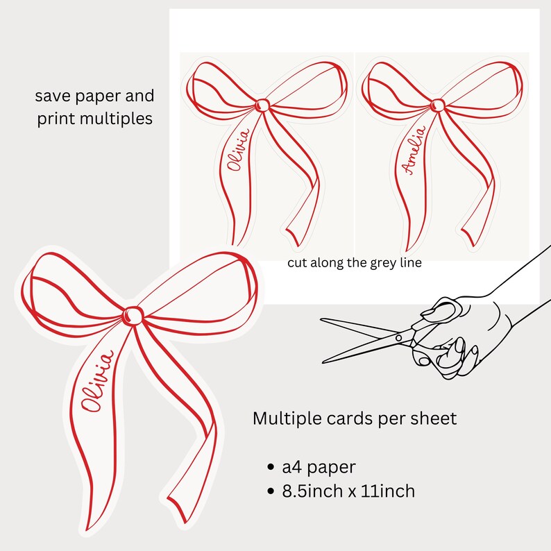Red Bow Place Cards and Menu Template, Whimsical Placecard Red Place ...