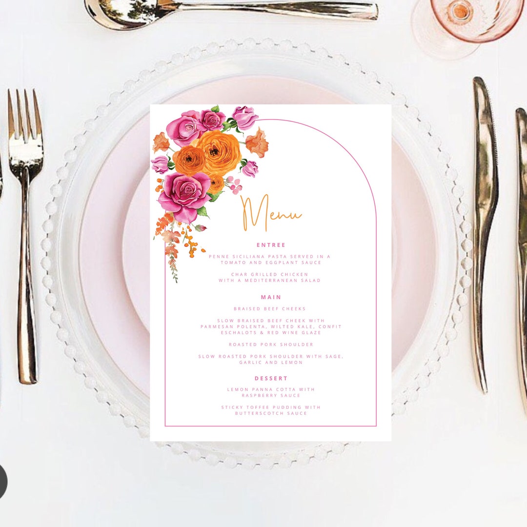 Pink Flower Bridal Shower Menu Template, Pink Wedding Menu, Pink Orange ...