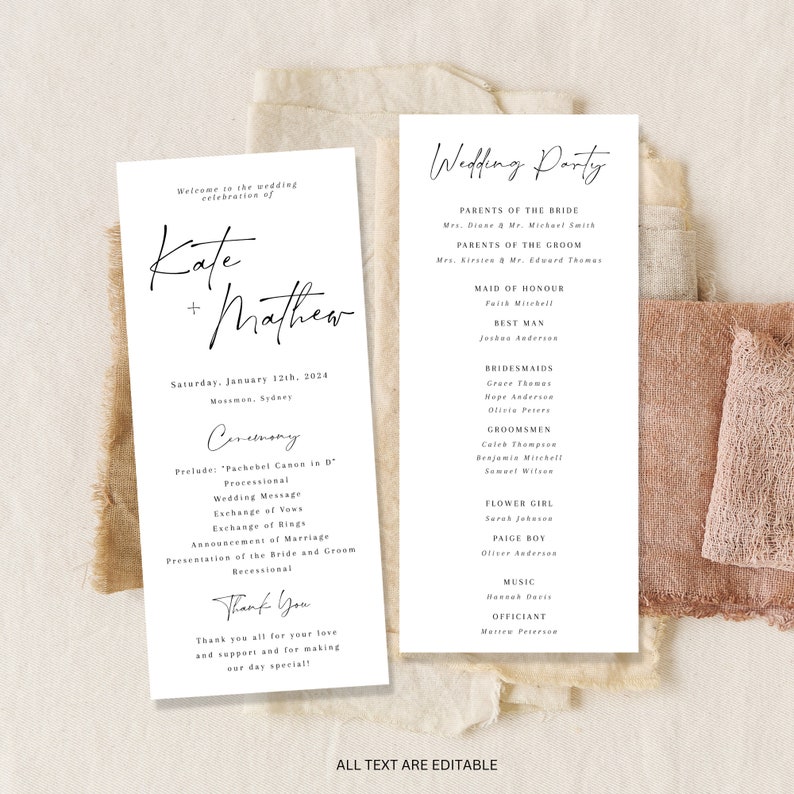 Wedding Program Template Minimalist Order of Service Elegant - Etsy