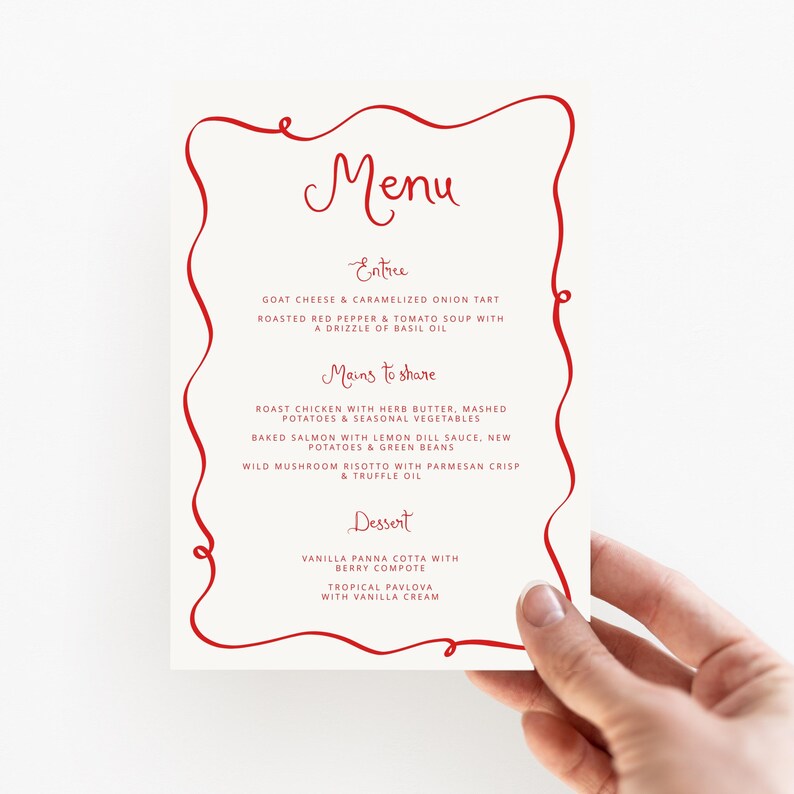 Red Wedding Menu Template Printable, Hand Drawn Line Art Illustrated ...