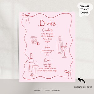 Pink Drink Bar Menu Template Printable, Hand Drawn Line Art Illustrated ...