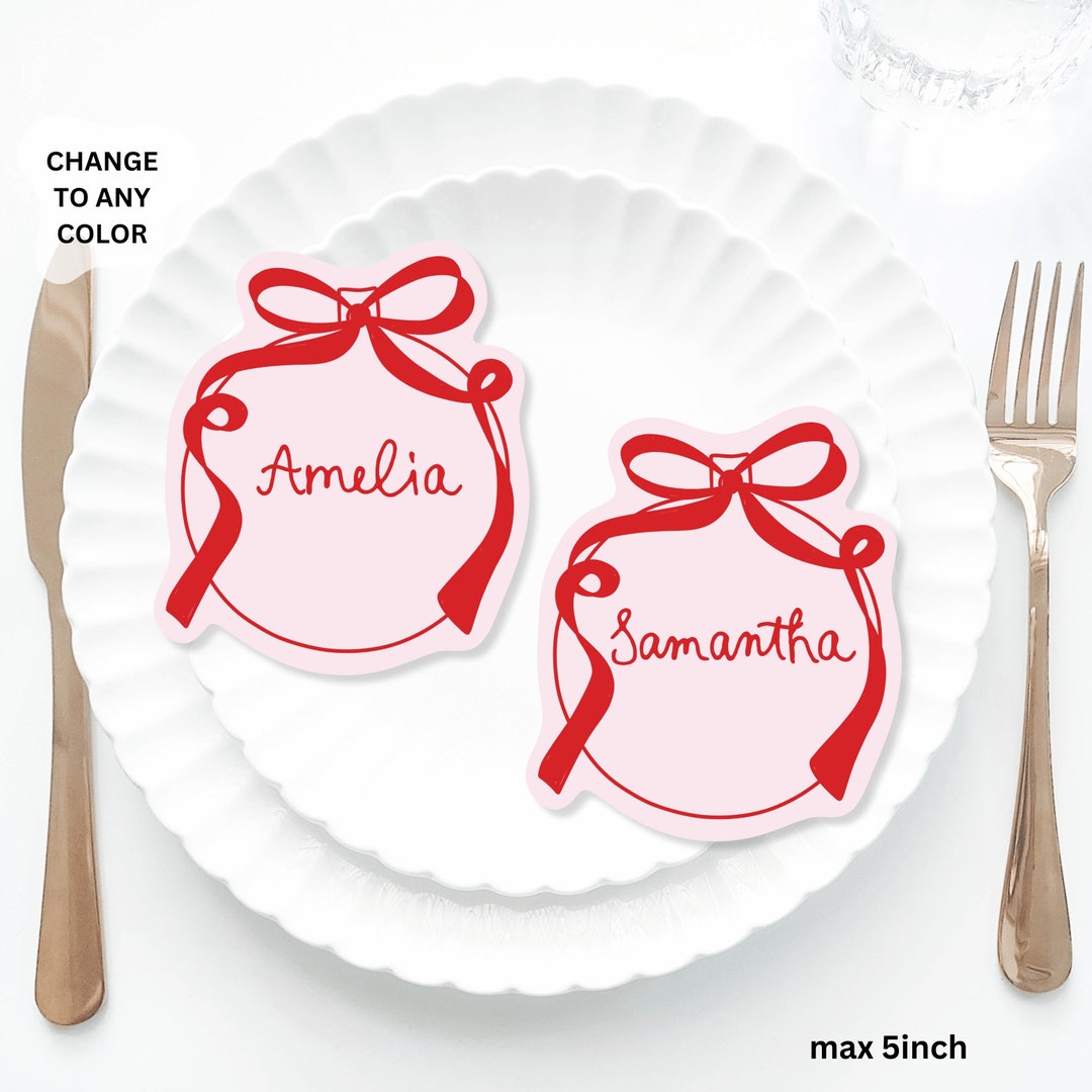 Christmas Bauble Pink Bow Place Cards Template, Whimsical Placecard ...