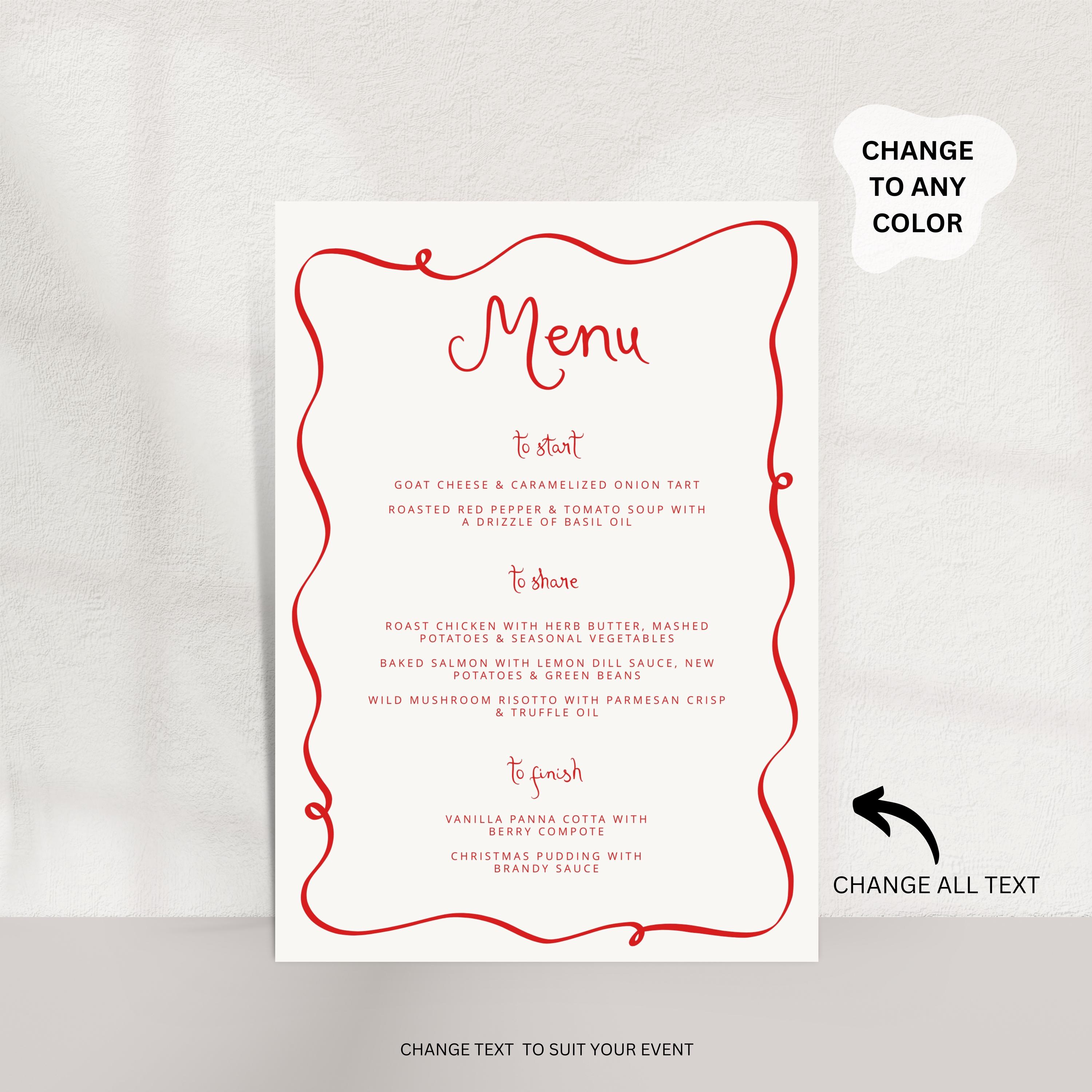 Red Bow Place Cards and Menu Template, Whimsical Placecard Red Place ...