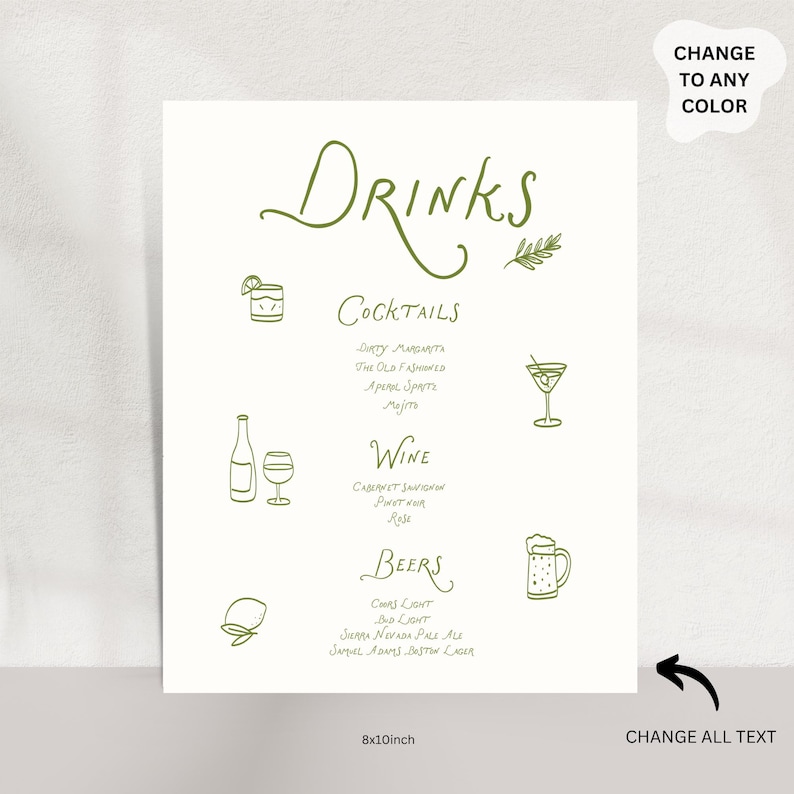 Drink Bar Menu Template Printable, Hand Drawn Line Art Illustrated Bar ...