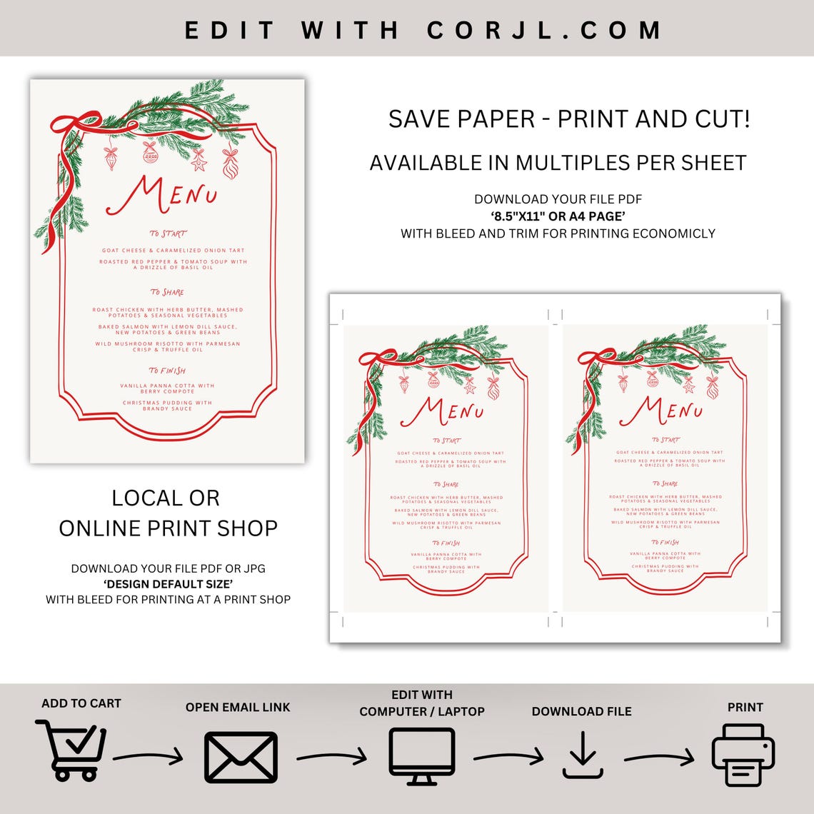 Red Christmas Menu Template Printable, Hand Drawn Line Art Christmas ...