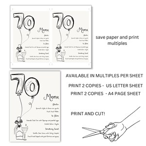 70th Birthday Menu Template Printable, Drawn Dinner Menu for 70th Party ...