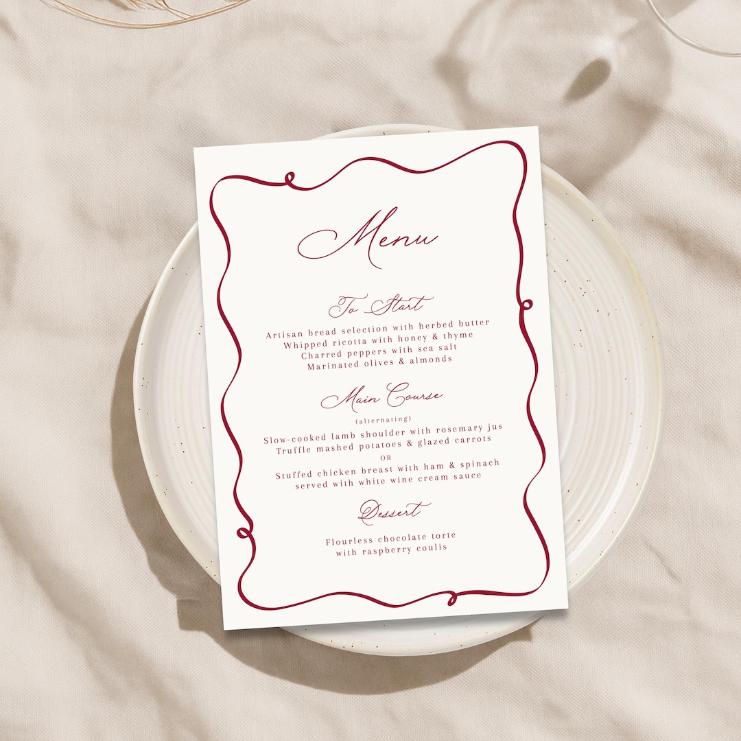 Elegant Burgundy Wedding Menu Template, Printable Dinner Menu, Editable ...